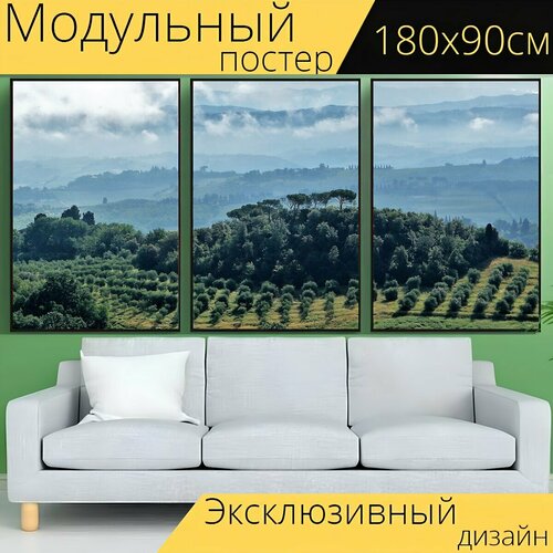 Модульный постер "Италия, оливковая роща, пейзаж" 180 x 90 см. для интерьера