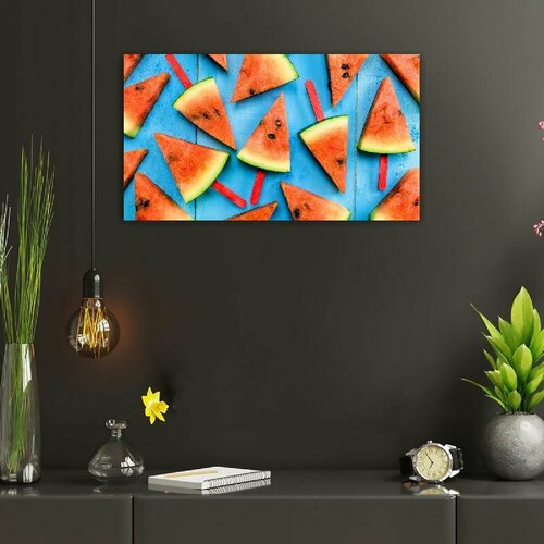Картина на холсте 60x110 LinxOne "Арбуз fresh wood slice дольки" интерьерная для дома / на стену / на кухню / с подрамником