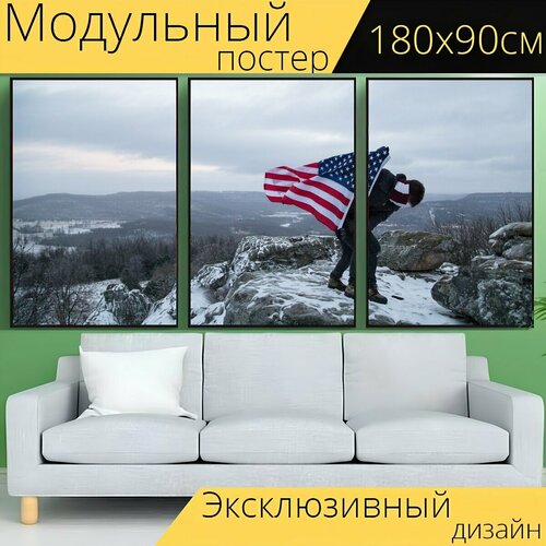 Модульный постер "Американский флаг, держа, вершине горы" 180 x 90 см. для интерьера