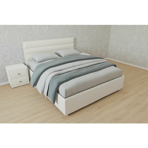 Двуспальная кровать Милан 140x200 с подъемным механизмом и с коробом для белья велюр белый ножки 13 см хром