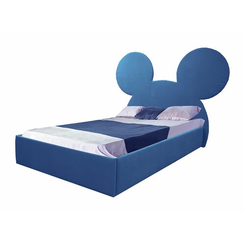 Двуспальная кровать Микки 140x200 с подъемным механизмом и с коробом для белья велюр синий ножки 13 см хром