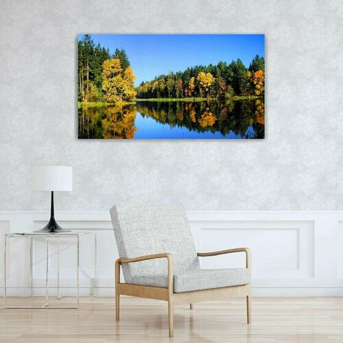 Картина на холсте 60x110 LinxOne "Пейзаж деревья осень река" интерьерная для дома / на стену / на кухню / с подрамником