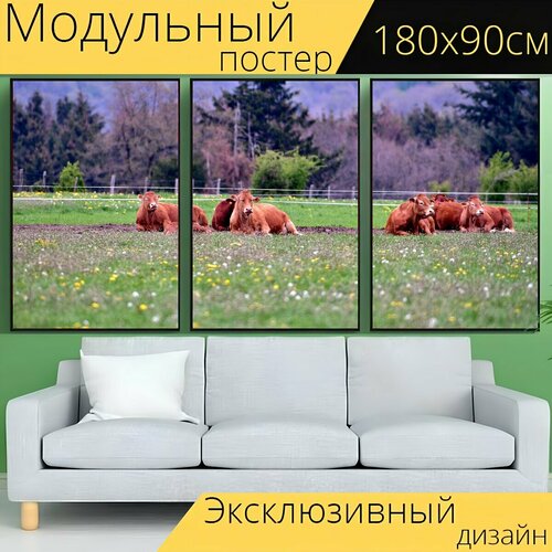 Модульный постер "Пейзаж, природа, коровы" 180 x 90 см. для интерьера