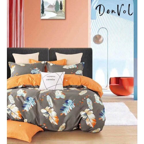 Комплект постельного белья Denvol 2 спальное-Сатин пододеяльник 180х220 на молнии, простыня на резинке 160х200(+25), 2 наволочки 70х70, серый, оранжевый