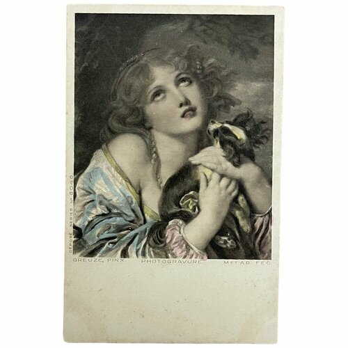 Почтовая открытка "Жан-Батист Грез. Девушка с собакой на руках" 1900-1917 гг. Франция