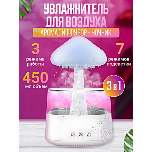 Увлажнитель воздуха ультразвуковой Гриб, Аромадиффузор с подсветкой, Увлажнитель воздуха ночник для дома, Белый