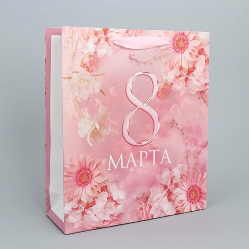 Пакет подарочный ламинированный, упаковка, «С 8 марта», цветы, M 30 х 26 х 9 см (комплект из 14 шт)