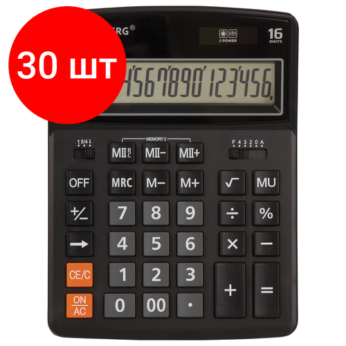 Комплект 30 шт, Калькулятор настольный BRAUBERG EXTRA-16-BK (206x155 мм), 16 разрядов, двойное питание, черный, 250475