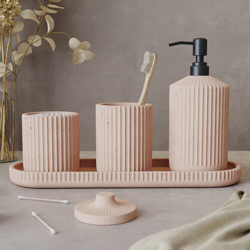Набор для ванной Chloe 19 (поднос M, дозатор для мыла (b), емкость с крышкой S, стакан для щёток), бетон, розовый матовый