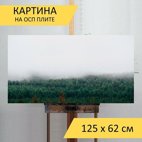 Картина на ОСП 125х62 см. "Туман, горы, лес" горизонтальная, для интерьера, с креплениями