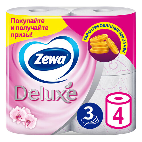 Туалетная бумага Zewa Deluxe Орхидея, 3 слоя, 4 рулона