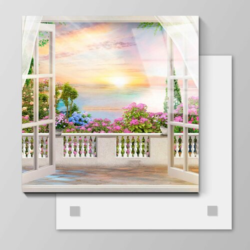 Картина на стекле - "Рассвет на балконе" размер 110-110 см