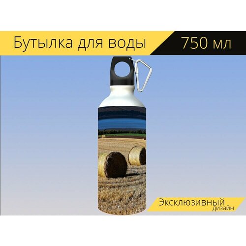 Бутылка фляга для воды "Сено, тюки сена, ферма" 750 мл. с карабином и принтом