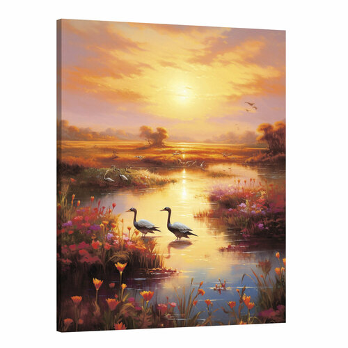 Интерьерная картина 50х70 "Пейзаж с полями и летящими журавлями"