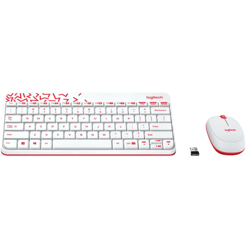Комплект (клавиатура и мышь) Logitech MK240, USB, беспроводной, белый и красный (только английская)