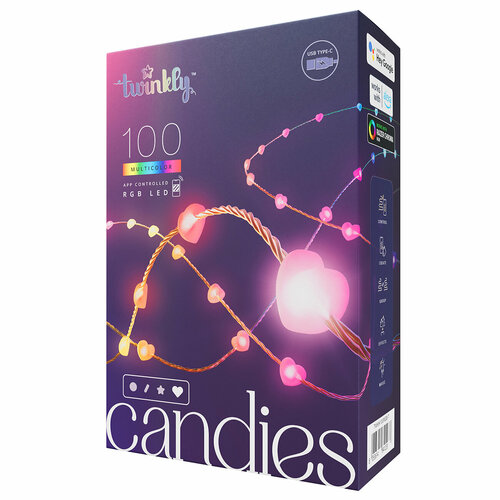Гирлянда Twinkly Candies, 100 RGB-светодиодов в форме сердца, 6 м, чёрный провод, USB-C