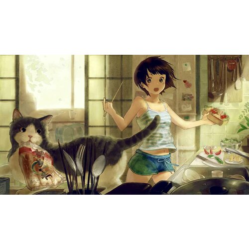 Картина на холсте 60x110 LinxOne "Кот, девушка, кухня, аниме" интерьерная для дома / на стену / на кухню / с подрамником