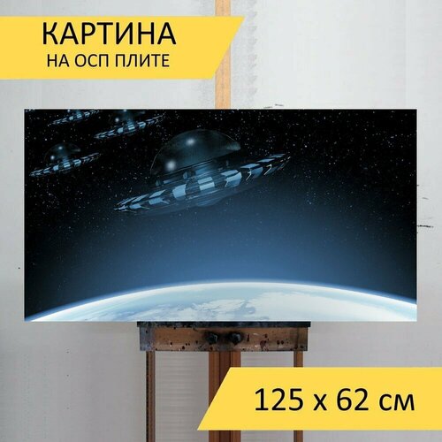 Картина на ОСП 125х62 см. "Нло, пространство, научная фантастика" горизонтальная, для интерьера, с креплениями