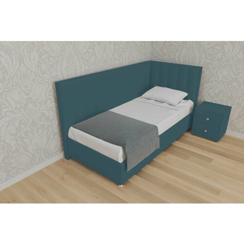 Двуспальная кровать Сочи 140x200 основание металлическое с ламелями велюр бирюзовый ножки 13 см хром угол левый