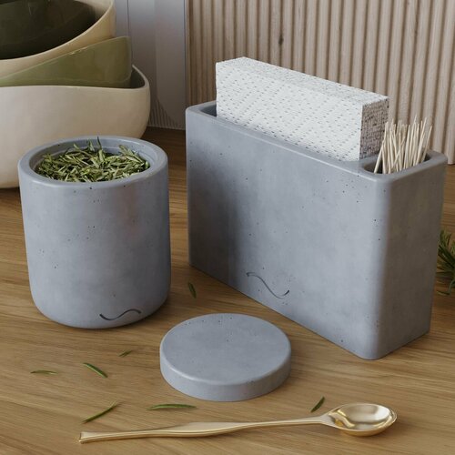 Набор для кухни Musko 23 (салфетница Lina, емкость для сыпучих продуктов Astrid S с бетонной крышкой), бетон, серый глянцевый