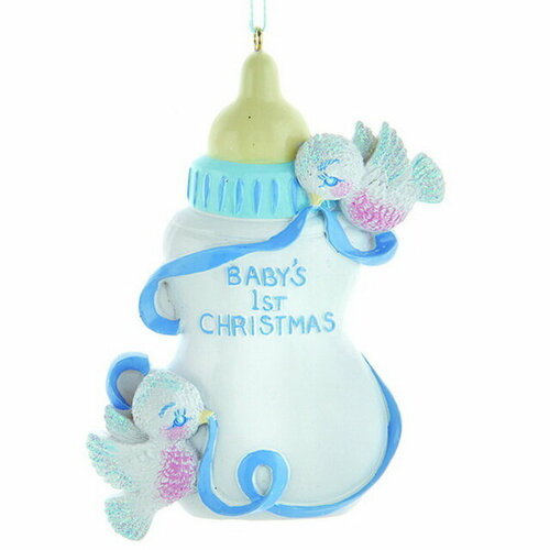 Kurts Adler Именная елочная игрушка Baby Christmas: Бутылочка 10 см голубая, подвеска A2184