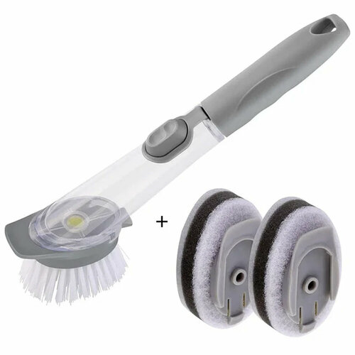 Автоматическая Щетка 3в1 с 2 губками для мытья посуды с длинной ручкой Серая Decontamination Wok Brush