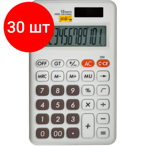 Комплект 30 штук, Калькулятор карманный Deli EM120.12-р, дв. пит, 118x70мм, белый