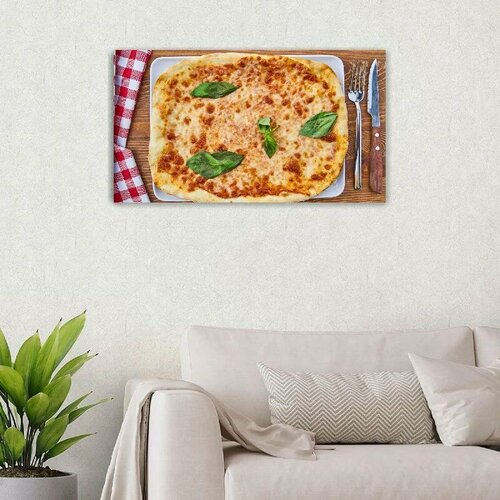 Картина на холсте 60x110 LinxOne "Пицца с сыром и листьями" интерьерная для дома / на стену / на кухню / с подрамником