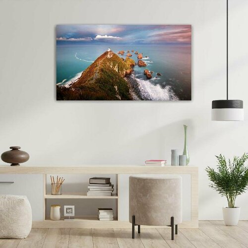 Картина на холсте 60x110 LinxOne "Скалы море маяк облака небо" интерьерная для дома / на стену / на кухню / с подрамником