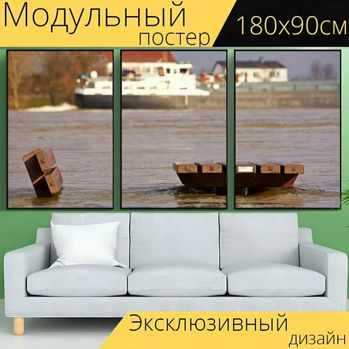 Модульный постер "Река, наводнение, скамейка" 180 x 90 см. для интерьера