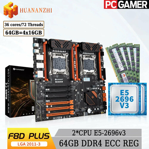 Комплект двухпроцессорная материнская плата Huananzhi X99-F8D PLUS + 2*CPU 2696V3 + 64GB DDR4 ECC