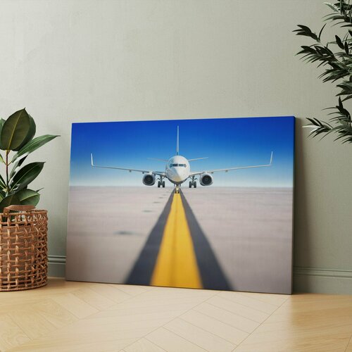 Картина на холсте "Большой реактивный лайнер, стоящий на взлетно-посадочной полосе аэропорта" 30x40 см. Интерьерная, на стену.