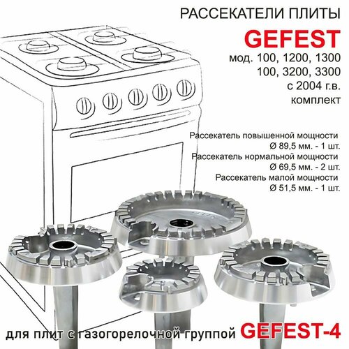 Конфорки газовой плиты GEFEST моделей 1100, 1200, 1300, 3100, 3200, 3300 (с 2004г. в.), с розжигом, комплект Gefest-4