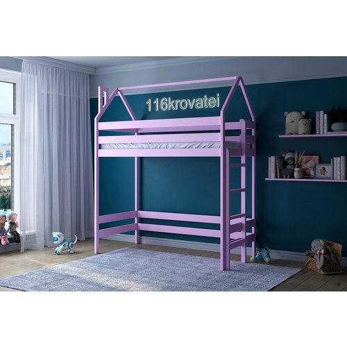 Кровать-чердак с лестницей с торца и амбарной крышей 180*90 розовая