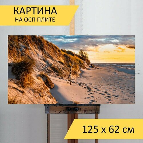 Картина на ОСП 125х62 см. "Западный пляж, балтийское море, песчаные дюны" горизонтальная, для интерьера, с креплениями