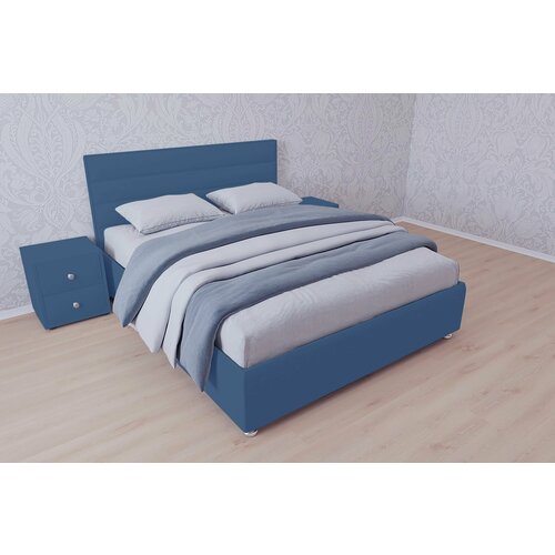 Двуспальная кровать Милан 180x200 с подъемным механизмом и с коробом для белья велюр синий без ножек