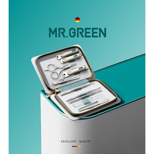 MR.GREEN Маникюрный набор 10 в 1 , из нержавеющей стали в кожаном футляре в дорогу в подарочной упаковке