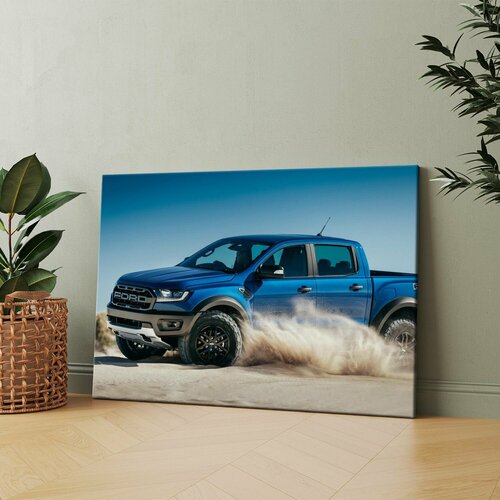 Картина на холсте (Синий грузовик едет по песчаной дороге) 50x70 см. Интерьерная, на стену.