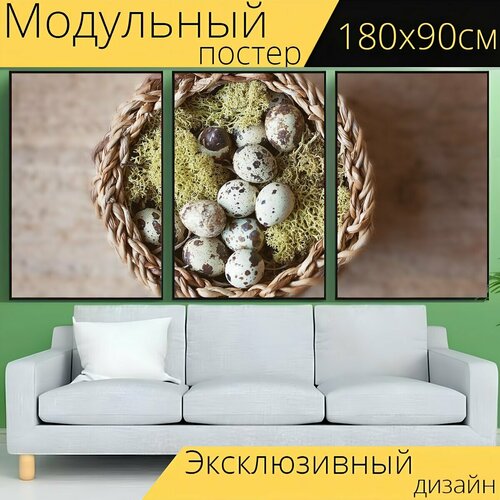 Модульный постер "Корзина, гнездо, яйца" 180 x 90 см. для интерьера
