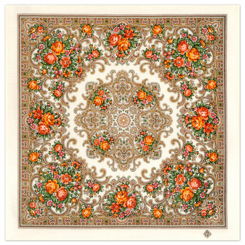 Платок Павловопосадская платочная мануфактура,72х72 см, оранжевый, бежевый
