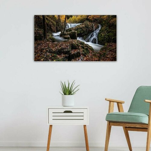 Картина на холсте 60x110 LinxOne "Лист ручеек осенние Камни" интерьерная для дома / на стену / на кухню / с подрамником