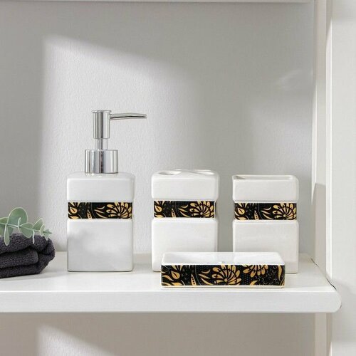 Набор аксессуаров для ванной комнаты, 4 предмета (дозатор 350 мл, мыльница, 2 стакана), цвет белый с черным и золотом