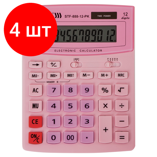 Комплект 4 шт, Калькулятор настольный STAFF STF-888-12-PK (200х150 мм) 12 разрядов, двойное питание, розовый, 250452