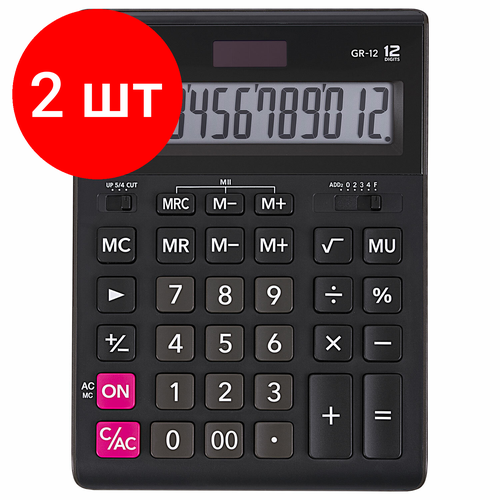 Комплект 2 шт, Калькулятор настольный CASIO GR-12-W (209х155 мм), 12 разрядов, двойное питание, черный, европодвес, GR-12-W-EP