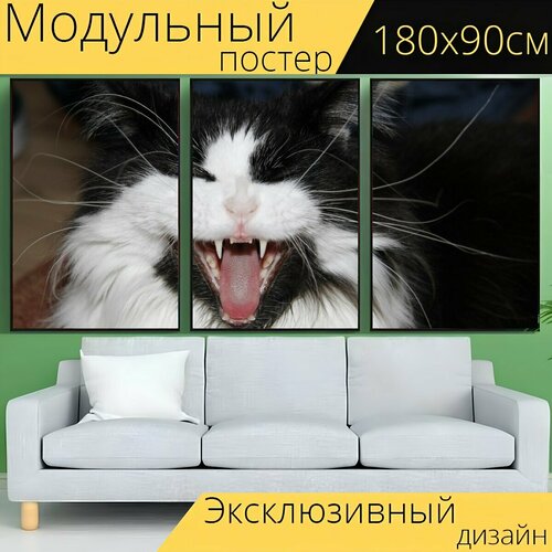 Модульный постер "Кот, рот, зевота" 180 x 90 см. для интерьера