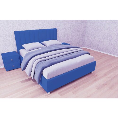 Двуспальная кровать Челси с матрасом 180x200 основание металлическое с ламелями велюр синий ножки 13 см хром