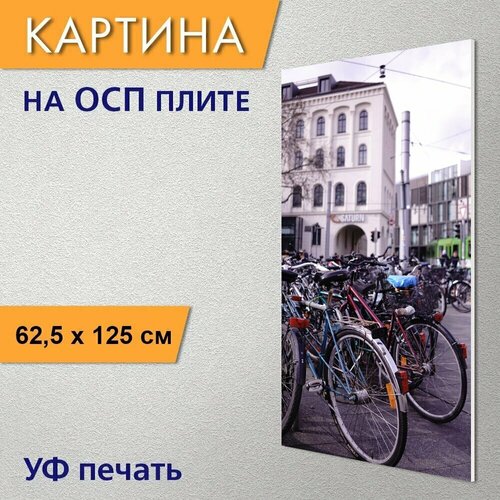 Вертикальная картина на ОСП "Город, велосипед, кататься на велосипеде" 62x125 см. для интерьериа