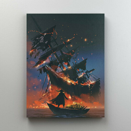 Интерьерная картина на холсте "Пират с горящим факелом стоит на лодке с сокровищами и смотрит на тонущий корабль" размер 22x30 см