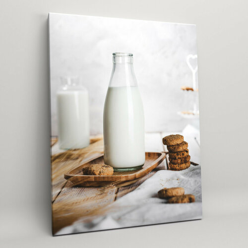 Картина на холсте (интерьерный постер) "Бутыль молока" для кухни, кафе и ресторанов, с деревянным подрамником, размер 45x60 см