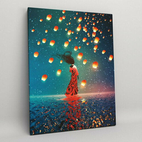 Картина на холсте (интерьерный постер) "Девушка в красном платье на фоне китайских фонариков в небе", с деревянным подрамником, размер 22x30 см